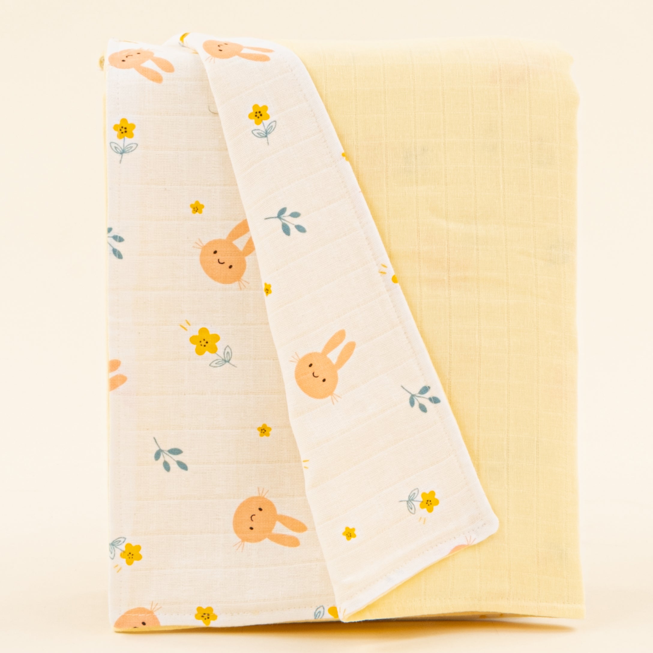 Çift Taraflı Muslin Örtü - Sarı Muslin - Turuncu Tavşan – Musliniko